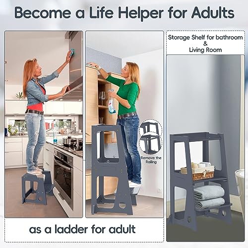 Kitchen Toddler Tower, Toddler Step Stool Learning Standing Tower with Whiteboard 2 in 1 Convertible Table and Chair, Removable Safety Rail, Widened Platforms for Kitchen Counter Bathroom Sink