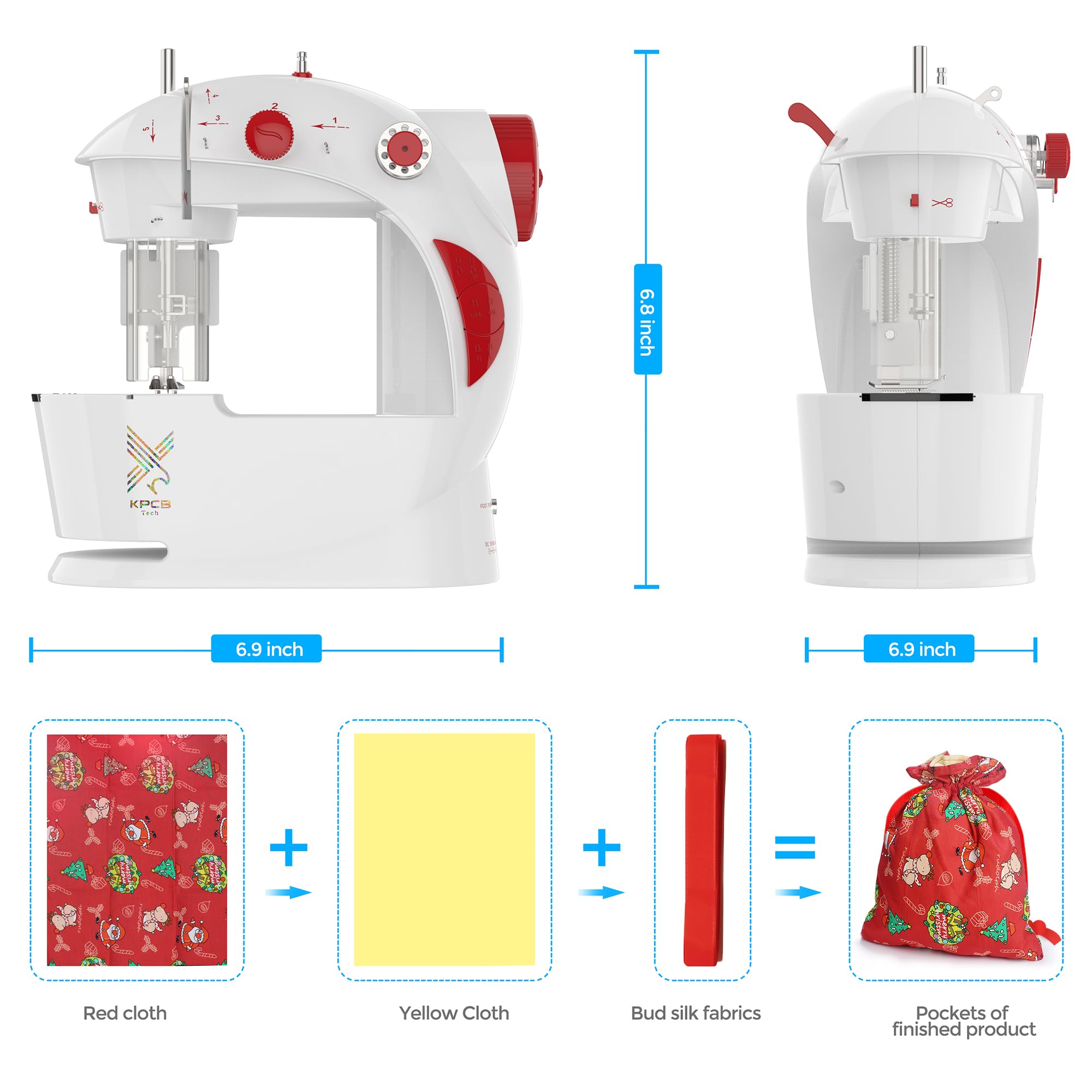 KPCB Tech Kids Sewing Machine with Finger Guard and Christmas DIY Bag Material, Mini Electric Sewing Machine with Foot Pedal (Red)