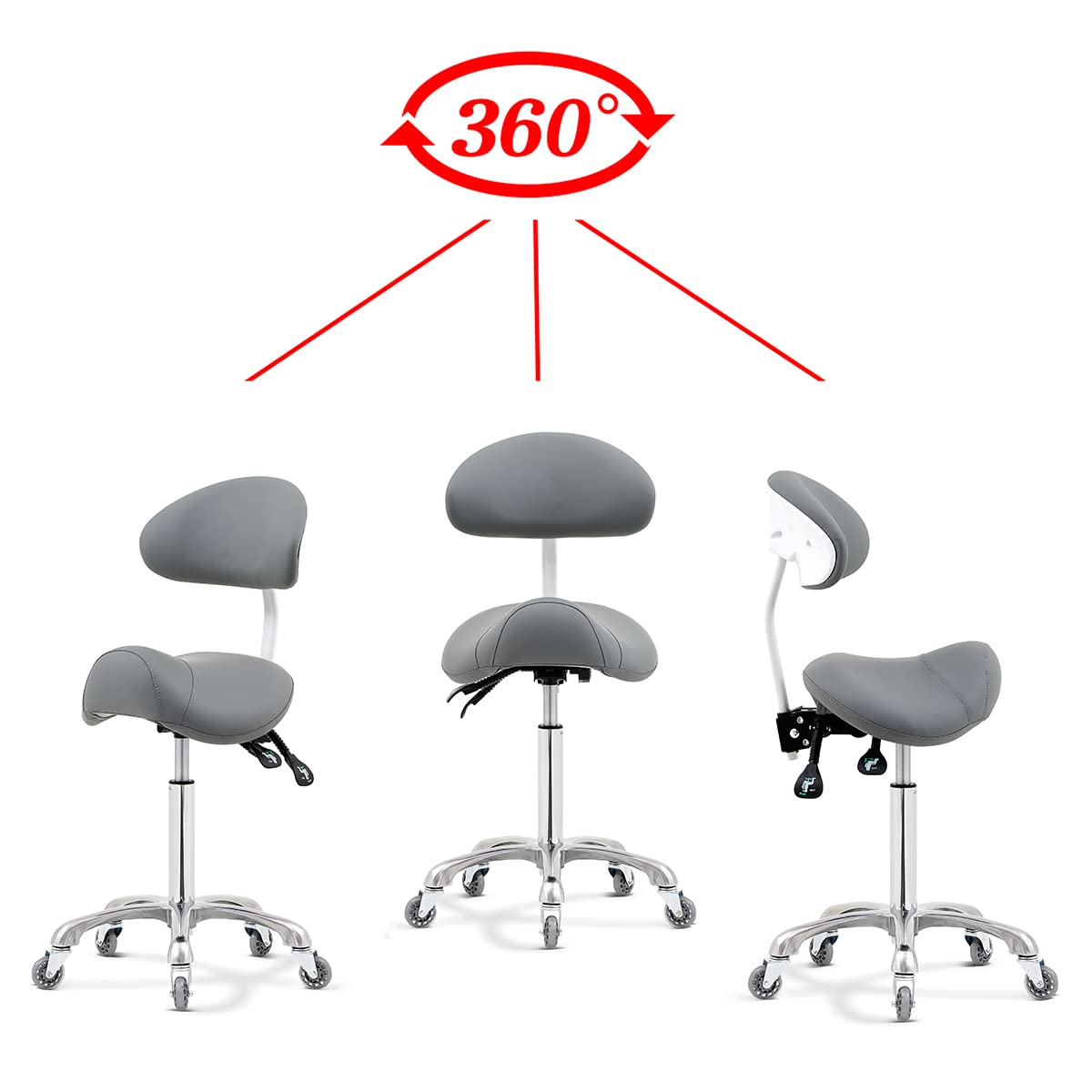Saddle Stool Rolling Chair with Back Support,Esthetician Tattoo Dental Stool Chair,Lash Chairs for Eyelash Tech Massage Salon(Grey,with Backrest)