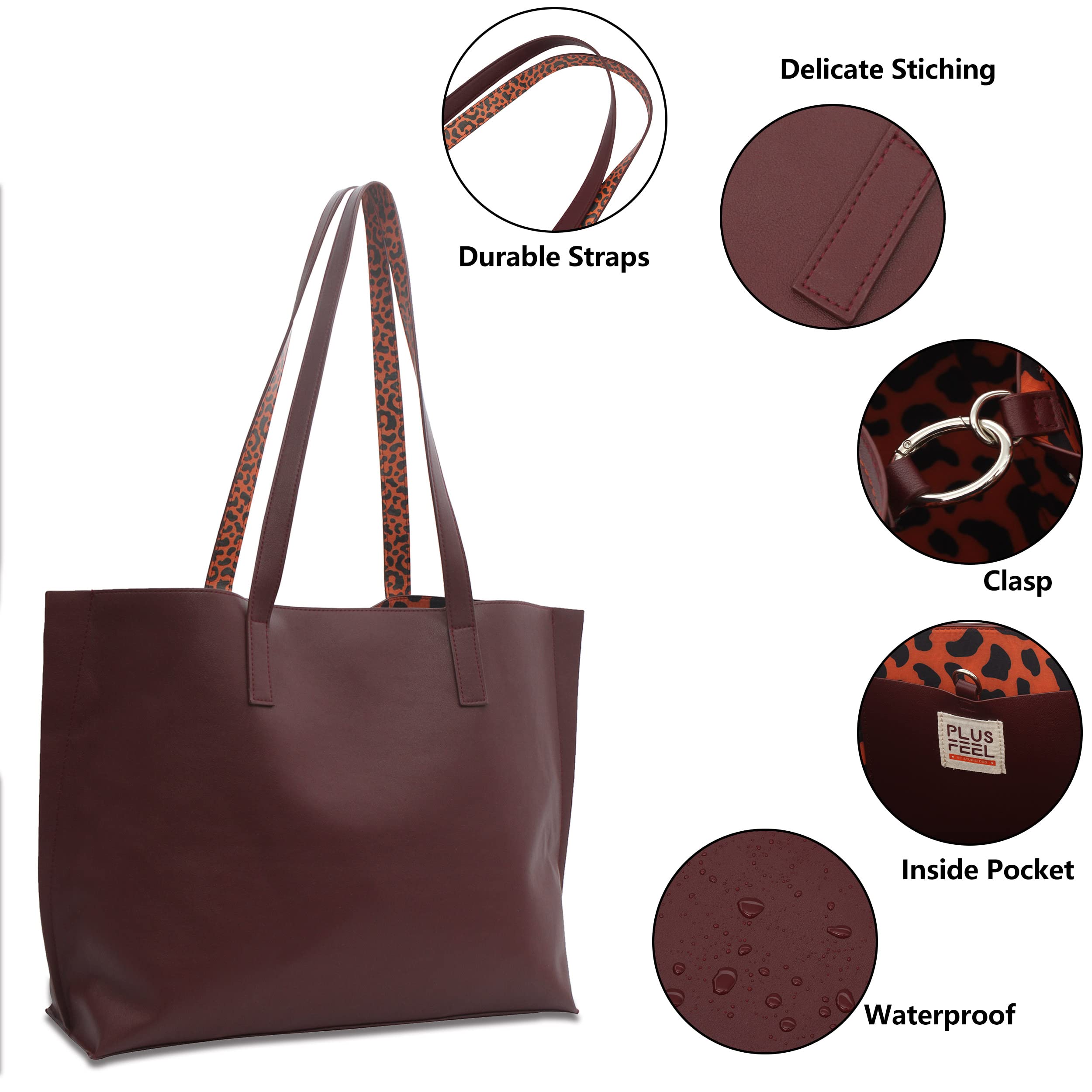Plusfeel PU Leather Handbag for School, Travel Tote Bag for Women for Shopping, Work and Beach(Burgundy)