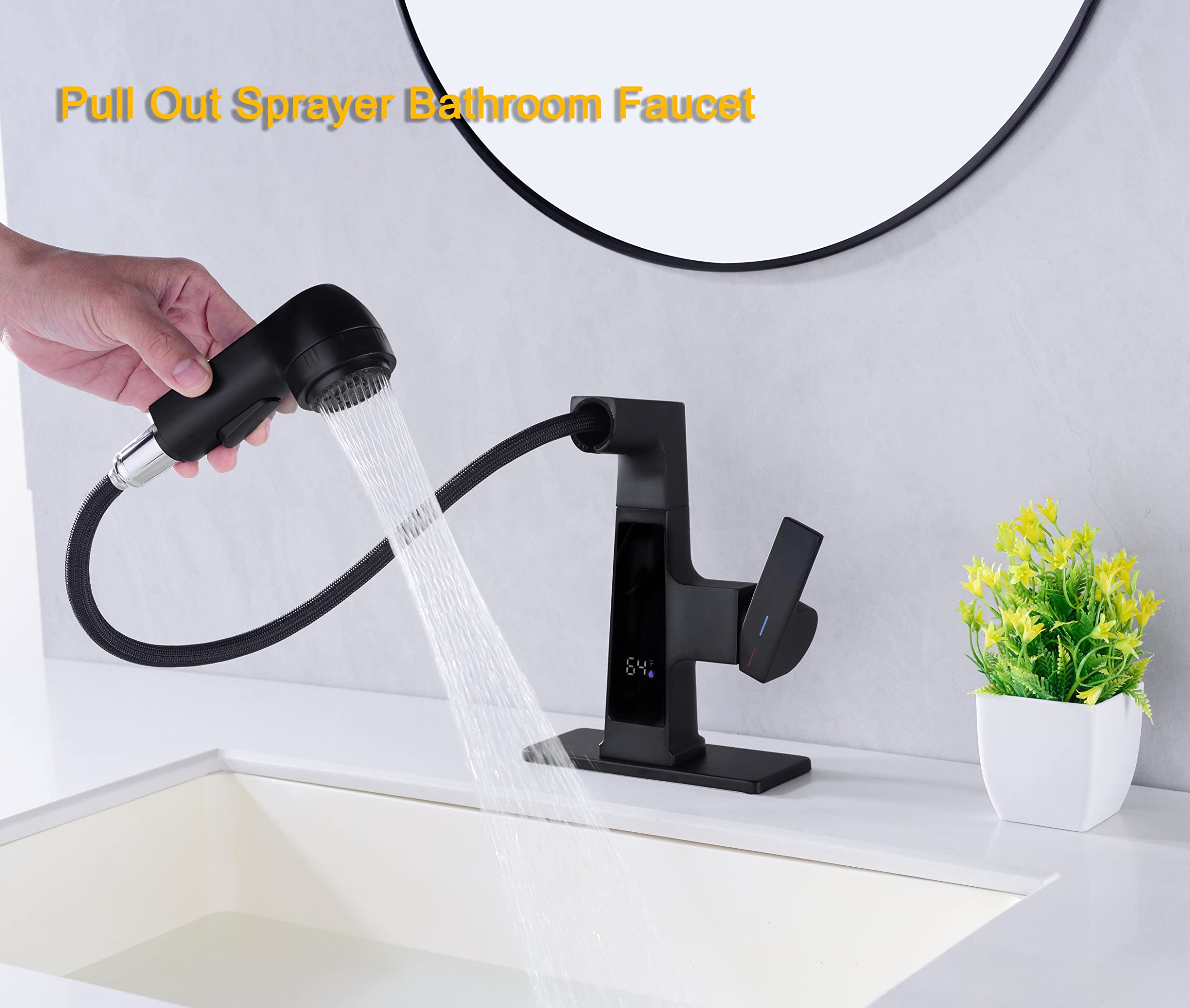 Qeemee LED Bathroom Faucet with Pull Out Sprayer, Matte Black Temperature Digital Display Sink Faucet 5 Water Flow Modes with 360° Swivel Spout Single Handle Lift Brass Faucet