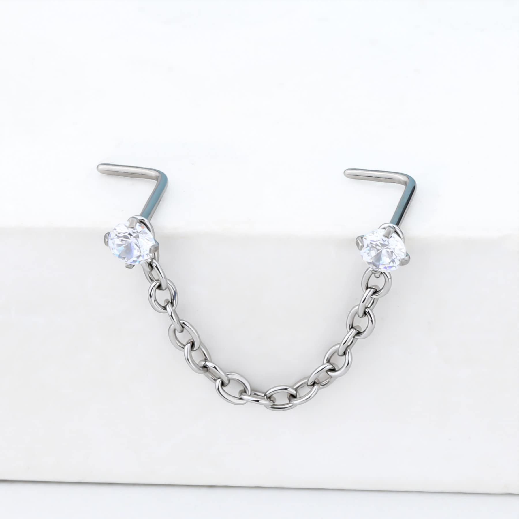 OUFER Solid Titanium Nose Rings, Chain 2PCS 20G Nose Studs, Nostril Clear CZ L Shaped Pack, Nose Piercing Jewelry Women Men
