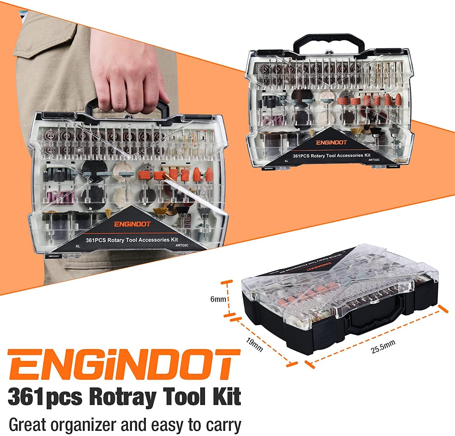 Rotary Tool Accessories Kit, ENGiNDOT 361 Pieces 1/8-Inch Diameter Shanks, Multifunctional Tools Universal Accessories for Easy Cutting, Grinding, Sanding, Carving, Polishing, Drilling
