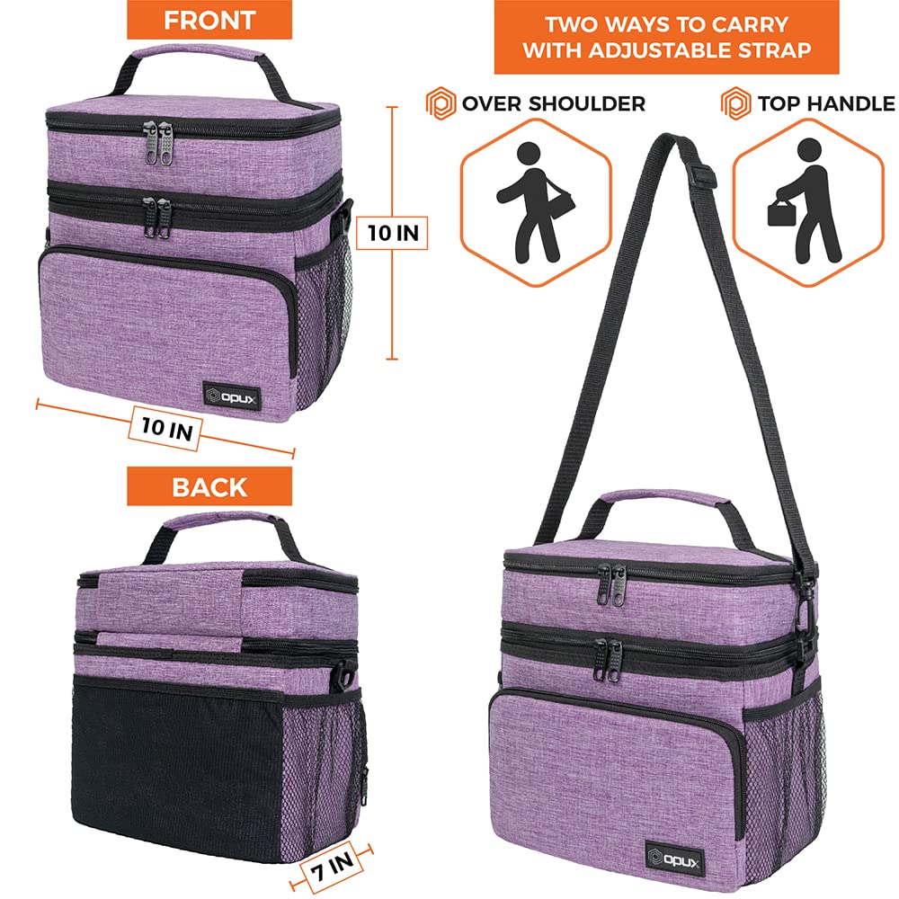 opux Insulated Lunch Bag for Men Women, Large Dual Compartment Cooler Bag, Soft Two Deck Lunch Box for Work School Picnic, Leakproof Lunch Tote with Shoulder Strap for Kid Adult (Purple, Double Deck)