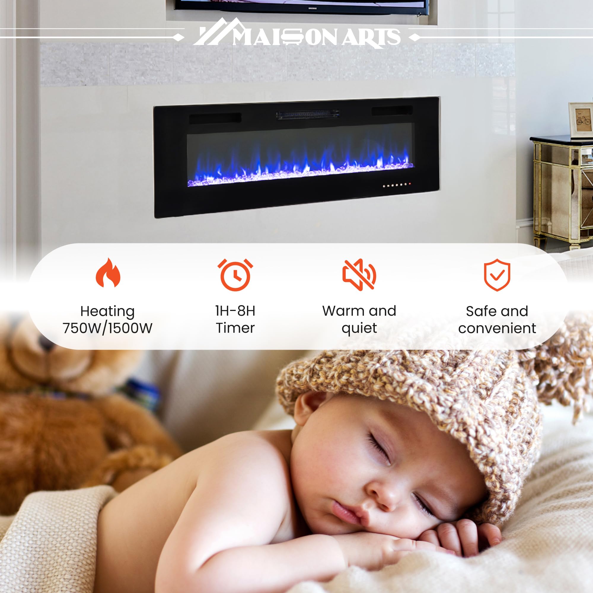 MAISON ARTS 50" Electric Fireplace Indoor Wall Mounted & Recessed Fireplace Heater with Remote Control & Touch Screen,8hrs Timer, Adjustable Flame & Bed Colors and Speed for Bedroom Living Room,1500W