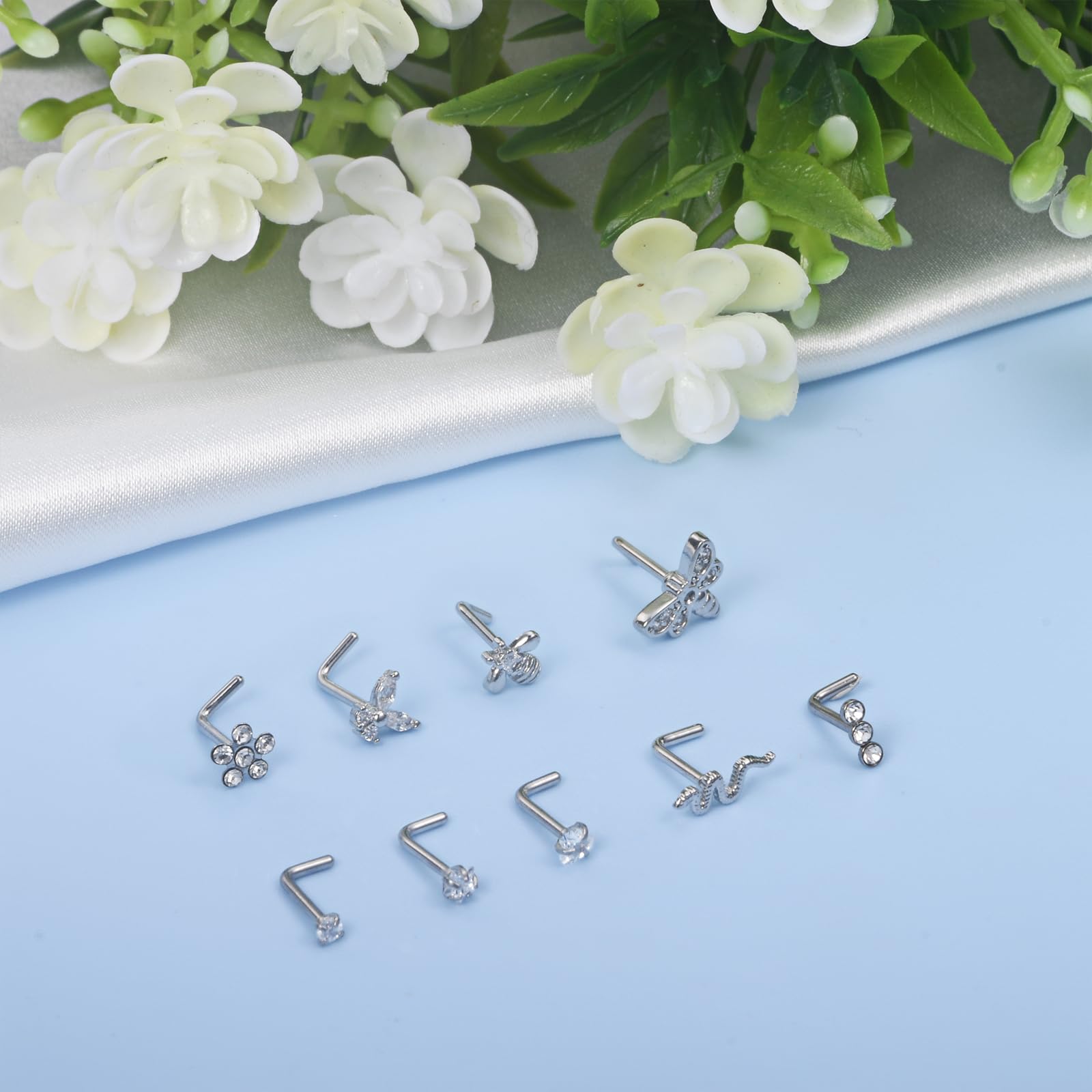 NIUSIMAN Nose Studs L Shaped 18G Nose Rings Butterfly Snake Bee Flower Nose Bar Piercing Stainless Steel Artificial CZ Nose Piercing Jewelry Silver