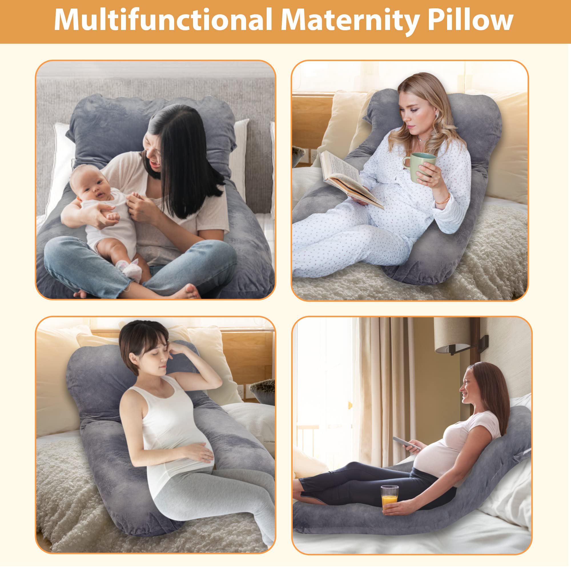 LONABR U-Shape Pregnancy Pillows, 55 Inch Maternity Full Body Pillow with Washable Velvet Cover, Nursing Support Pillow, Support for Back, HIPS, Legs, Belly for Pregnant Women Side Sleeping