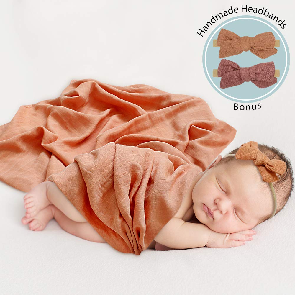 LifeTree Muslin Swaddle Blankets, Soft Solid 4 Pack Baby Swaddle Blankets Muslin Receiving Blanket Wrap for Boys & Girls, Large 47 x 47 inches, Earthy Rust Color Baby Swaddling