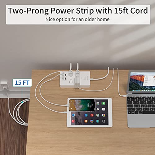 Rotating Plug 2 Prong Power Strip Surge Protector, NTONPOWER Two Prong Extension Cord 15 ft, 2 Prong to 3 Prong Outlet Adapter, 4 Outlets 4 USB Ports,Non-Grounded Outlets Ideal for Old House, White