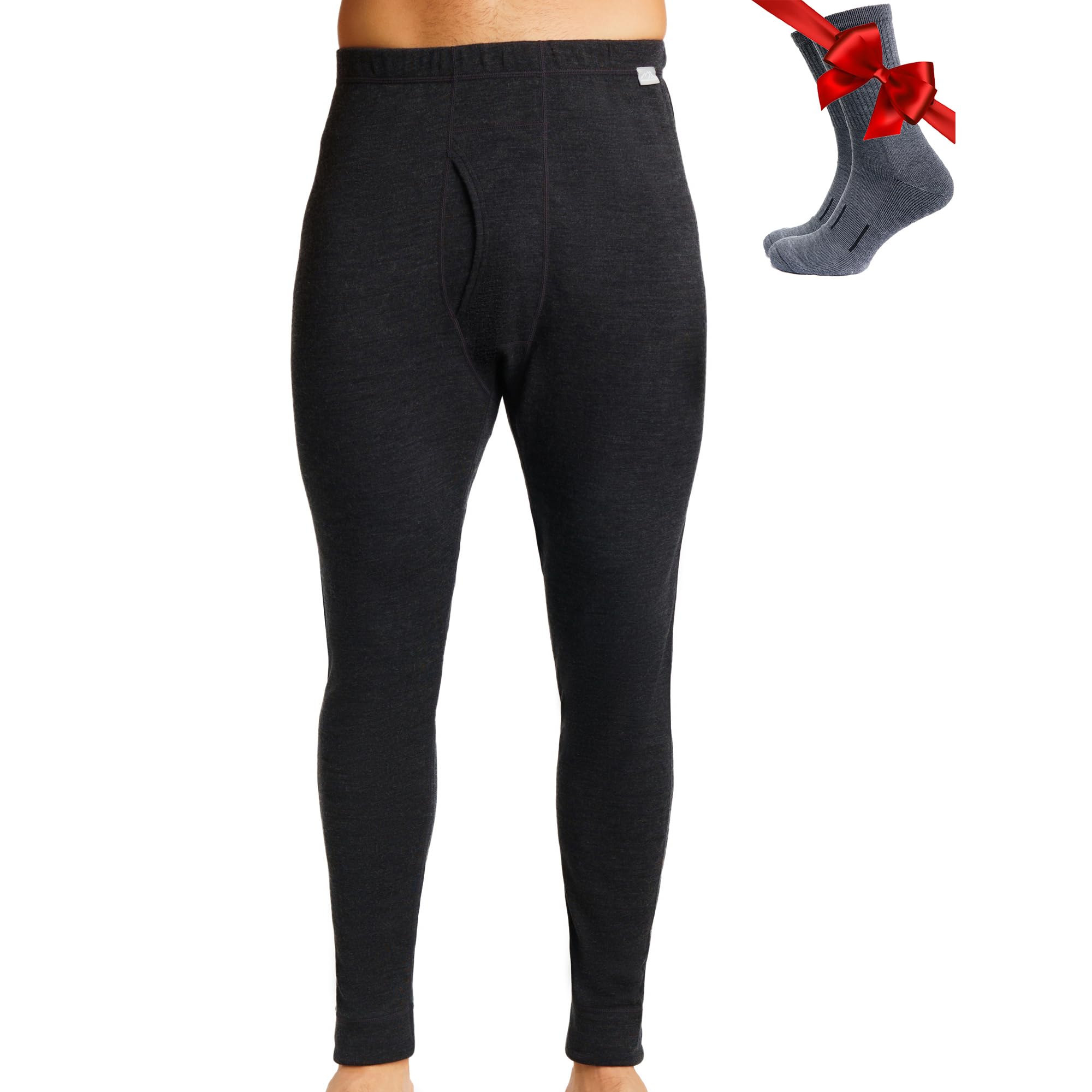 Merino Wool Base Layer Mens Bottom Pants 100% Merino Wool Thermal Underwear Long Johns Midweight + Wool Socks (Medium, Charcoal Grey 250)