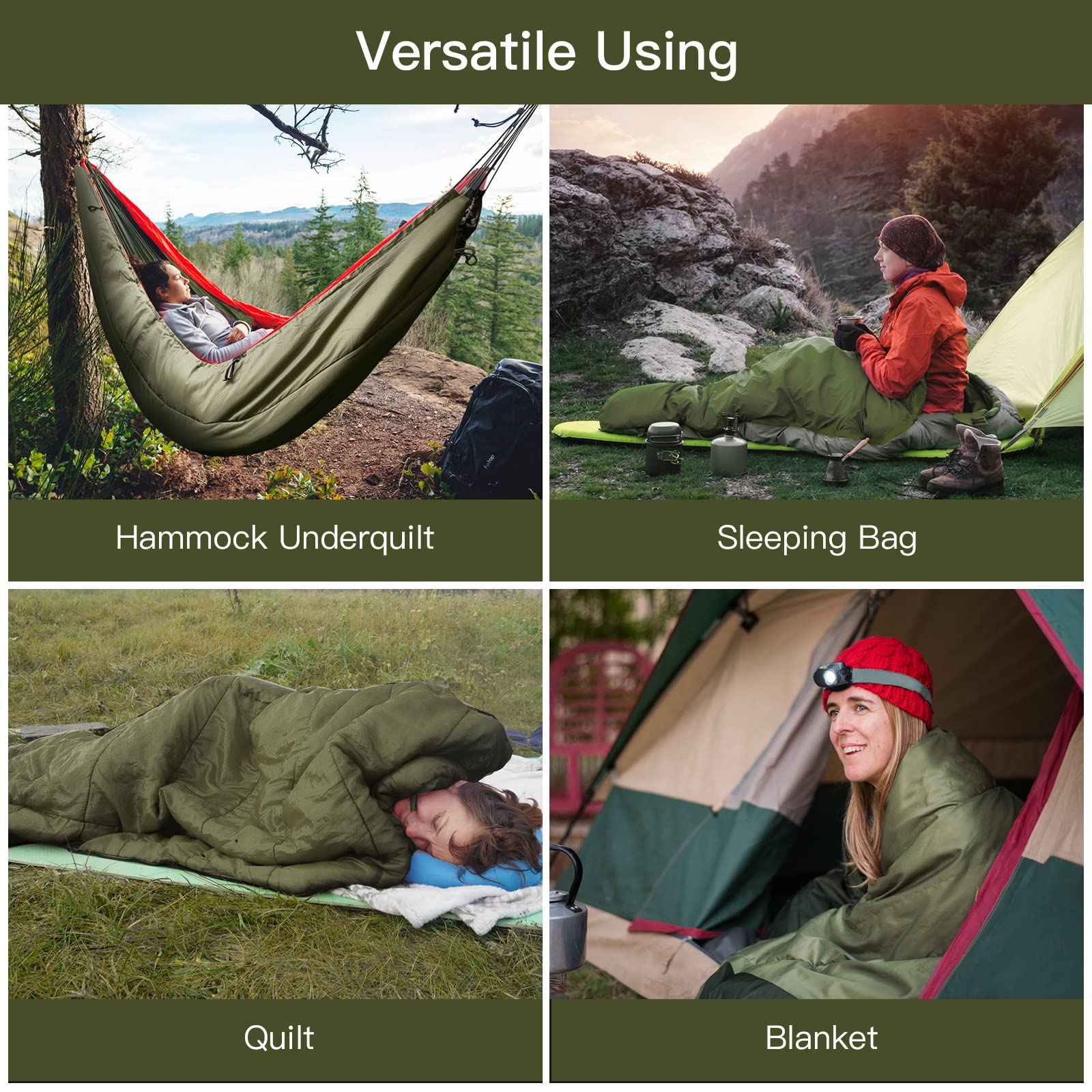 Night Cat Hammock Underquilts Sleeping Bag Single Insulated Under Blanket for Hammock 4 Seasons Lightweight Soft Warm 5-20β 8x3.6ft Army Green