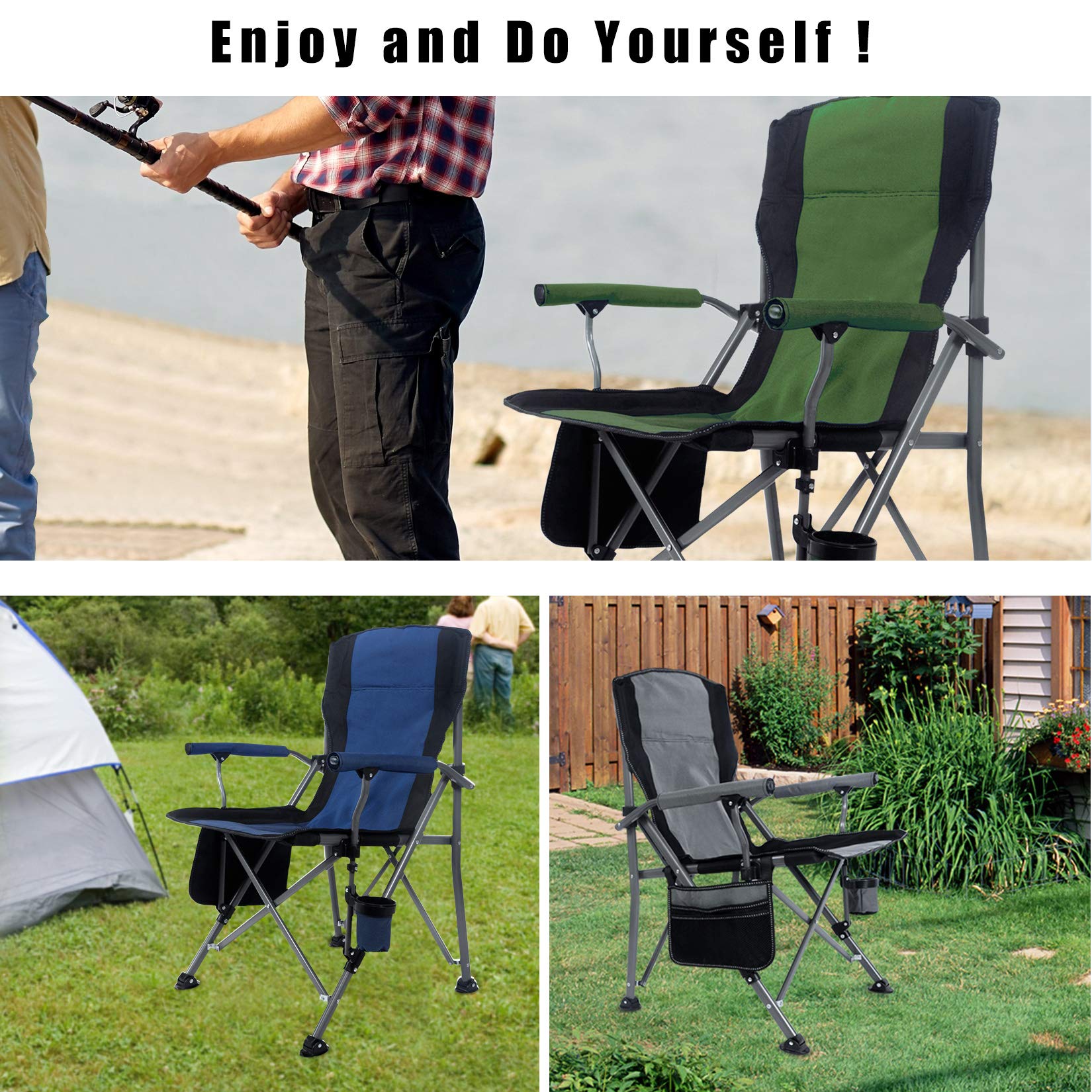 MaiuFun Portable Camping Chair Folding Heavy Duty Quad Outdoor Large Chairs Support 330 lbs High Back Padded Thicken Oxford with Armrests, Storage Bag, Cup Holder, Carry Bag for Outside(Green)