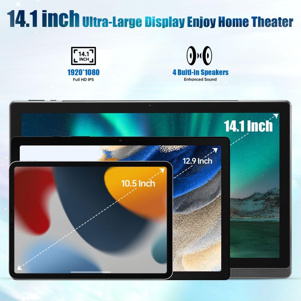 MESWAO 14.1 Inch Android 12 Tablet with Large Screen, Computer Tablets with 1920 * 1080 IPS HD Display, Tablets with Bluetooth 4.1 and GPS and 10000mah Long Battery for Work/Study/Live Stream