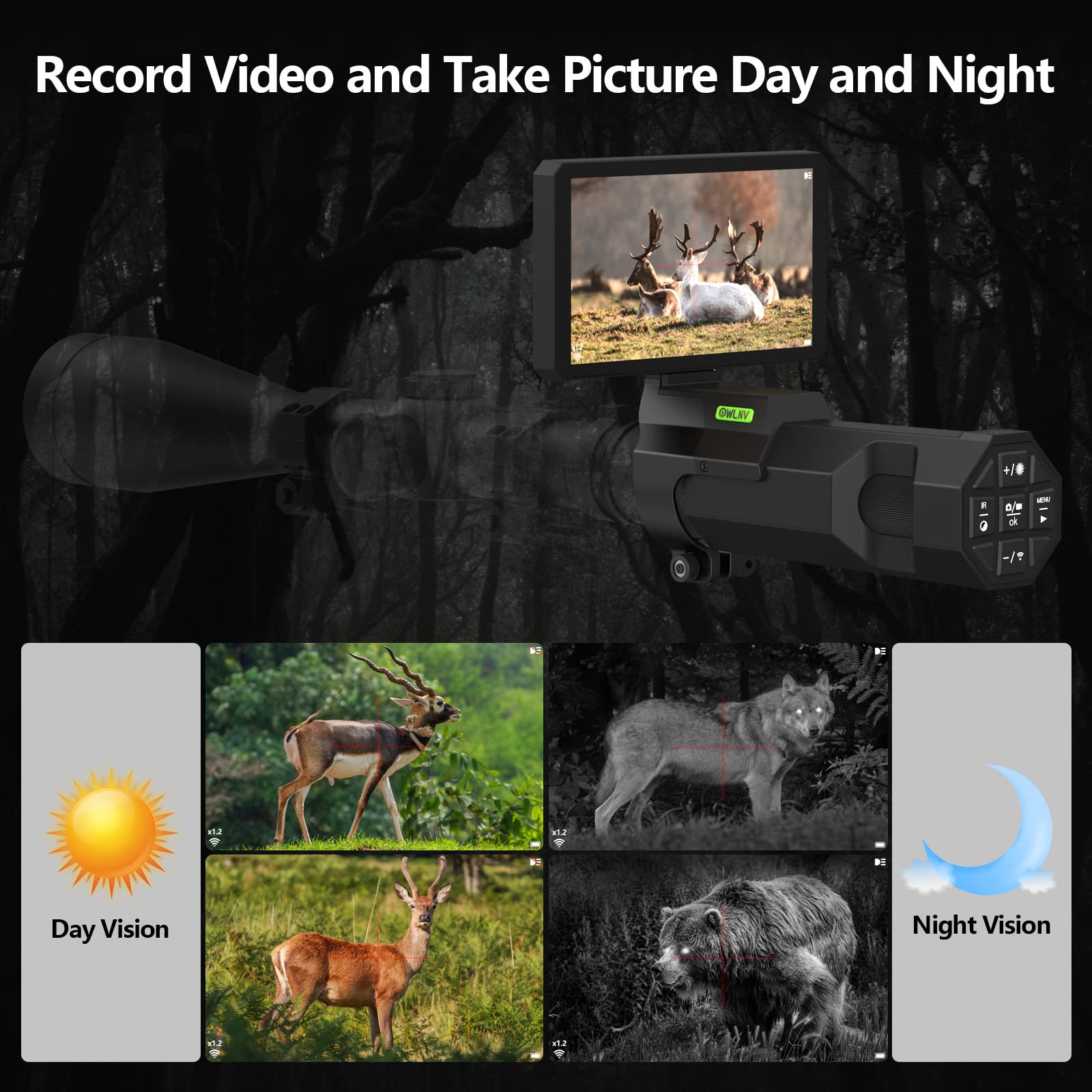 Night Vision Scope for Hunting Monocular 1080P,Clip on Scope with IR 850nm &940nm,Infrared Hunting Scopes for Rifles,IR Illuminator with WiFi for Day Night Viewing