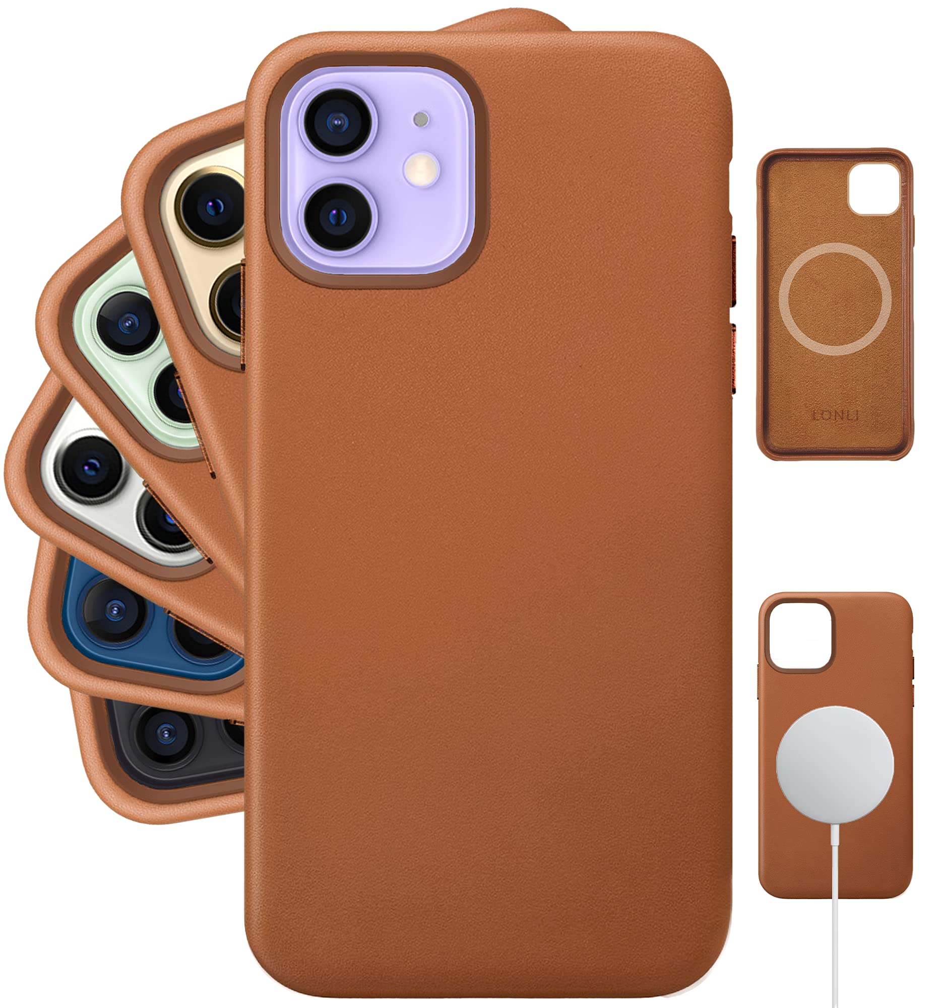 LONLI Classic | Genuine Nappa Leather Case with Built-in Magnets for MagSafe - for Apple iPhone 12 | 12 Pro - (6.1 inch, Caramel)