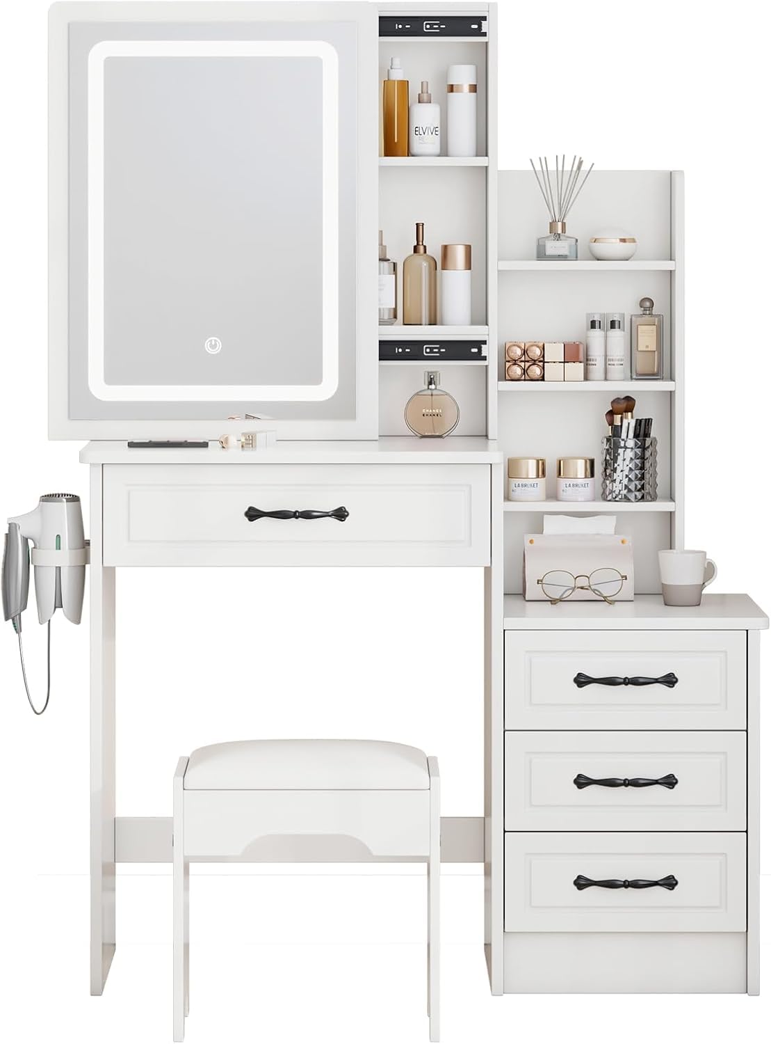 VanAcc Makeup Vanity Desk with Lights & Sliding Mirror for Teenagers, 35" Wide Vanity Table with 4 Drawers and Shelves, Small Vanity Dressing Table, LED Lights Vanity Set, Stool Included, White