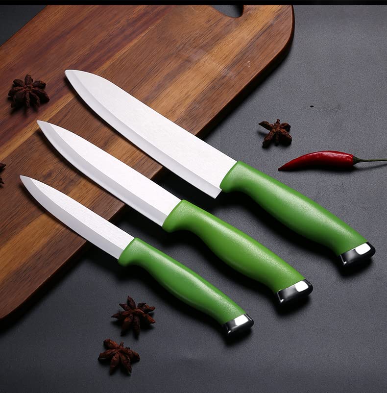 NEW Ceramic Knives With Covers 4 Pcs Quality Kitchen Knife Set with Stain Resistant 6 inch Chef Knife, 5 inch Steak Knife, 4 inch Fruit Knife, Peeler (Green)