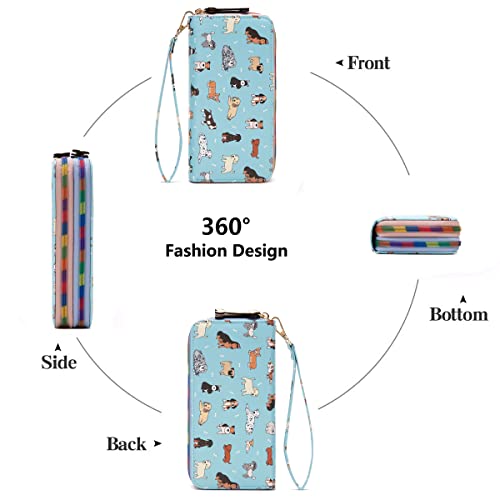 Nawoshow Women's Wallet Cute Cat Wallet Bifold Long Purse with Zipper,alaways happy (Cute Dog(Blue))