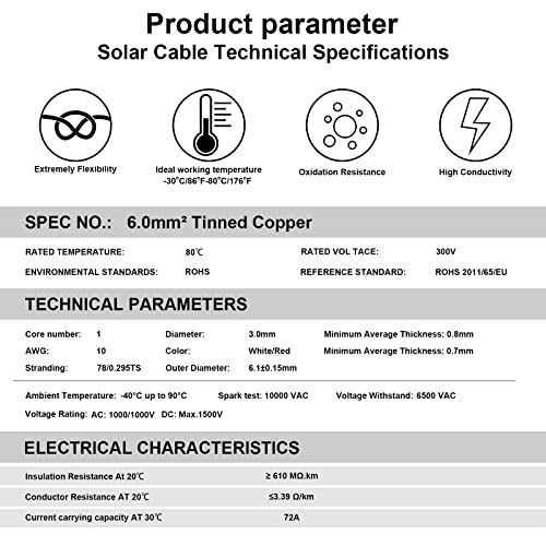 RAKDSYMC 6Ft 10AWG(6mm²) Solar Panel Extension Cable, Solar Panel Wire with Female and Male Connector with Extra Free Pair of Spanner Wrench (6Ft Red+6Ft Black)