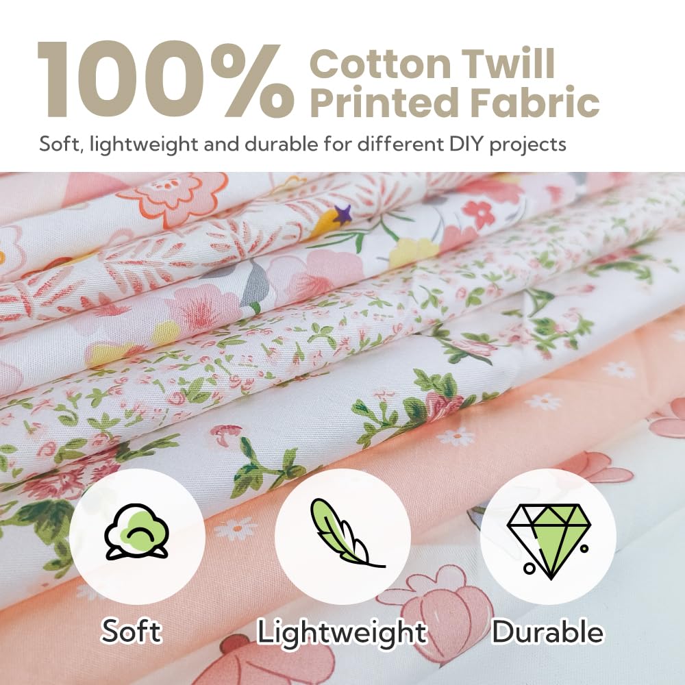 WISPAWS Fat Quarters Fabric Bundles, 10 Pcs 100% Cotton 18β x 20β (45cmx50cm) Precut Quilting Fabric Squares, Floral Prints Cotton Fabric Squares Quilting Supplies for Crafts Sewing Quilting (Pink II)