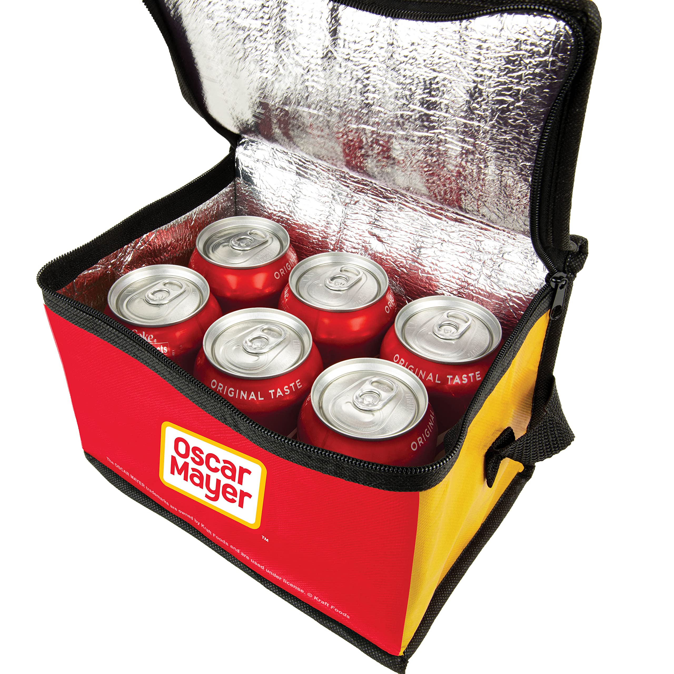 Nostalgia Oscar Mayer Sandwich Maker with Beverage Cooler Bag, 5-Inch Nonstick Cooking Surface with Indicator Lights and Lock Feature, Lunch and Beverage Tote Included, Yellow