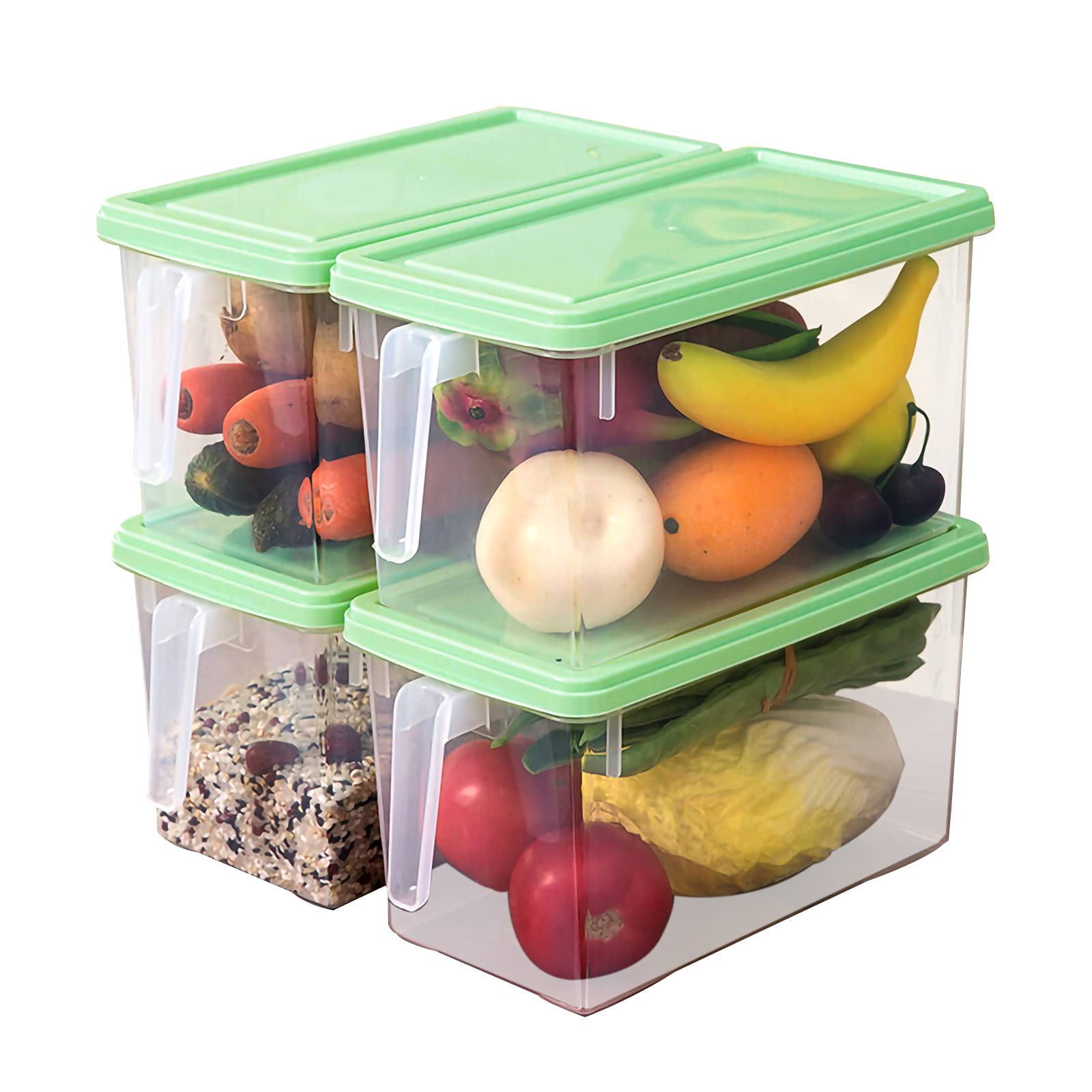 MineDecor Plastic Storage Containers Square Food Storage Organizer Stackable Refrigerator Organizer Handle Kitchen Containers with Lids for Fruits Vegetables Meat Egg, 4-pack (Green)