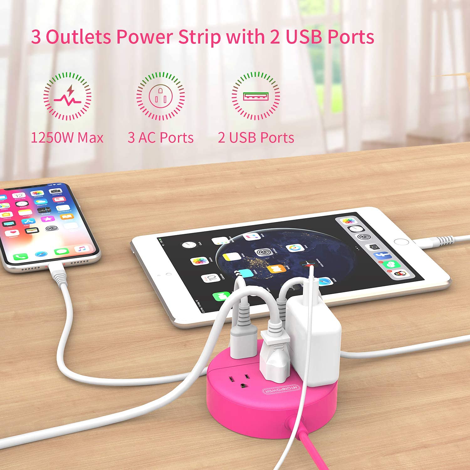 Power Strip with USB - NTONPOWER Travel Power Strip Flat Plug, 10ft Extra Long Extension Cord, 3 Outlets 2 USB Desktop Charging Station, Wall Mount, Compact for Home, Dorm Room, Office and Cruise Ship