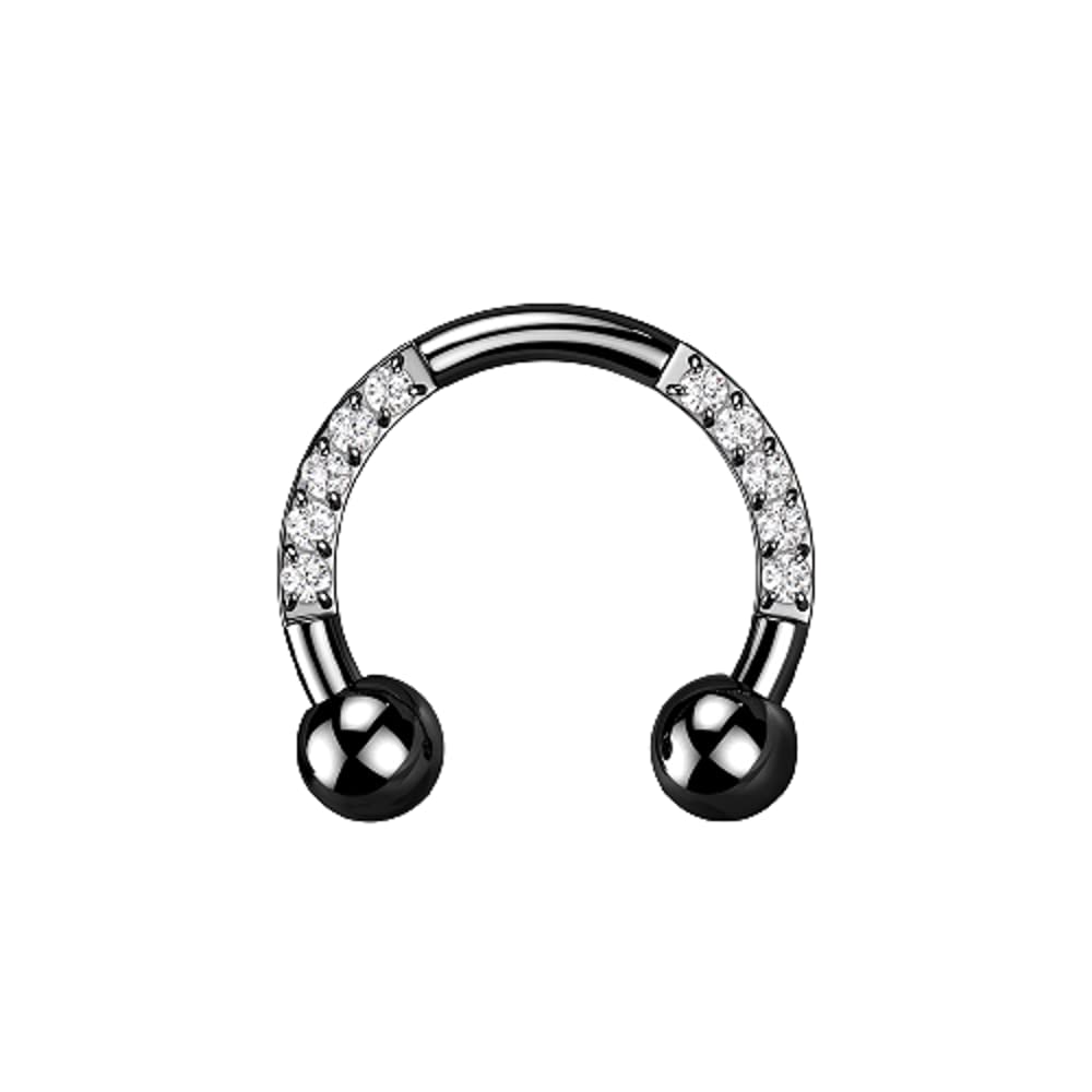 Pierced Owl 16GA G23 Implant Grade Titanium CZ Crystal Paved Sides Circular Horseshoe Barbell (Black/Clear)