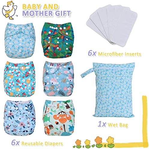 TDIAPERS Baby Cloth Diapers Washable Reusable One Size Adjustable for Baby 6 Pack with 6 Pcs Microfiber Inserts, 1 Wet Bag