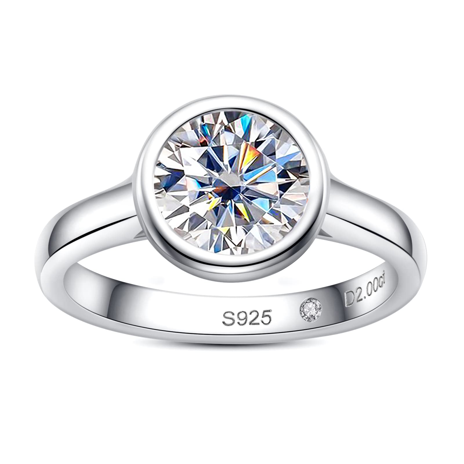 Raivari Moissanite Engagement Rings,2 CT Bezel Setting Round Lab Created Diamond Solitaire Promise Rings in 14K White Gold Plated Sterling Silver, Anniversary Rings for Women7