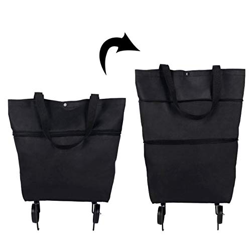 Nataliey 2 in 1 Grocery Cart with Wheels,Foldable Shopping Bags with Zipper,Waterproof Trolley Bag Folding Utility Shopping Cart for Women or Men Travel Home Kitchen,Black