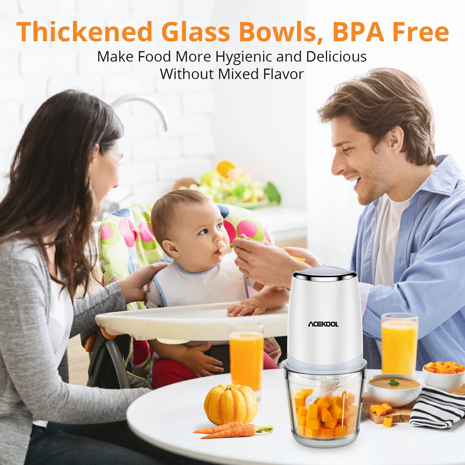 Mini Food Processor with 2.5 Cup Glass Bowl, Acekool Small Electric Food Chopper for Vegetables Meat Fruits Nuts Puree - 300W 2 Speed Kitchen Food Processor With Sharp Blades