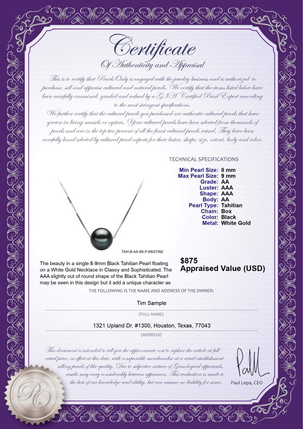Kristine Black 8-9mm AA Quality Tahitian 14K White Gold Cultured Pearl Pendant For Women