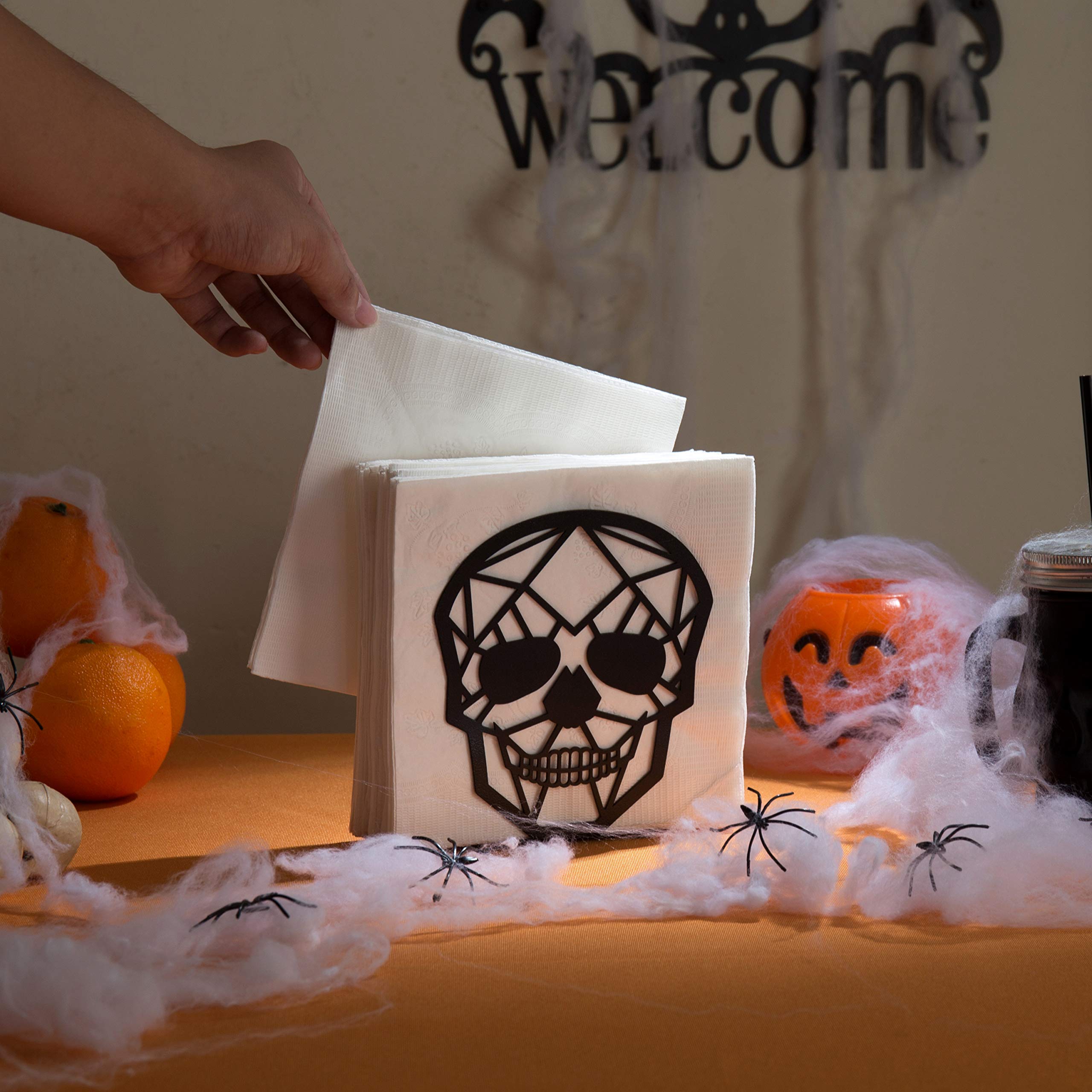 MyGift Matte Black Metal Halloween Napkin Holder with Cutout Skull Design, Dinner Cocktail Novelty Napkin Holder for Square Paper Napkin