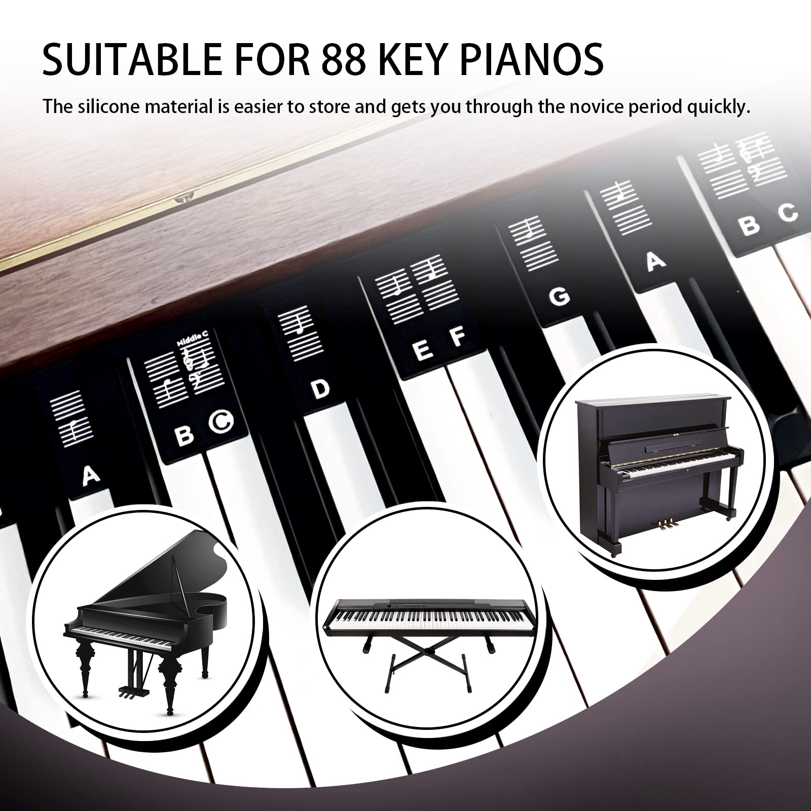 Removable Piano Keyboard Note Labels-Piano Notes Guide for Beginner, Piano Accessories for 88-Key Full Size, Piano Keyboard Stickers, Reusable Silicone Piano Keyboard Labels Comes With Box(Blackļ¼