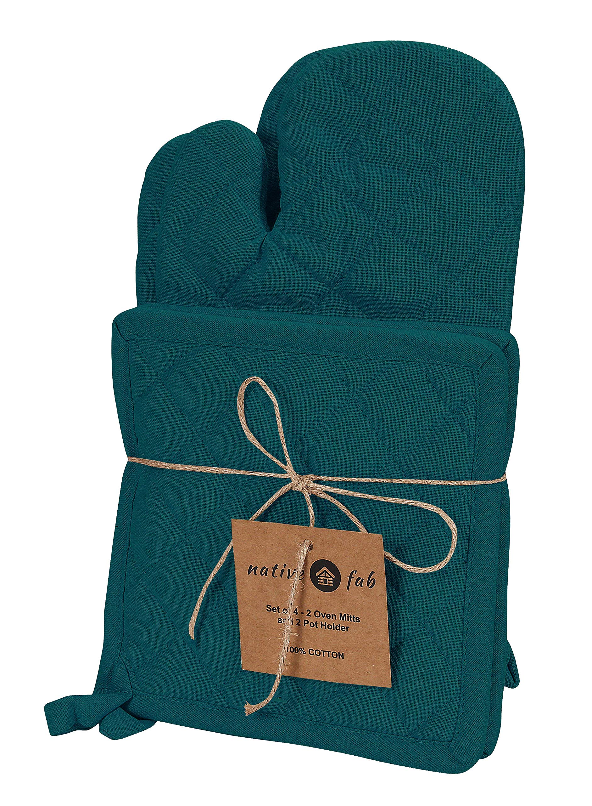 Native Fab Pot Holders and Oven Mitts Sets for Kitchen Heat Resistant - Hanging Non-Slip - 100% Cotton Kitchen Oven Mitts and Pot Holders 4-Piece Set - Teal