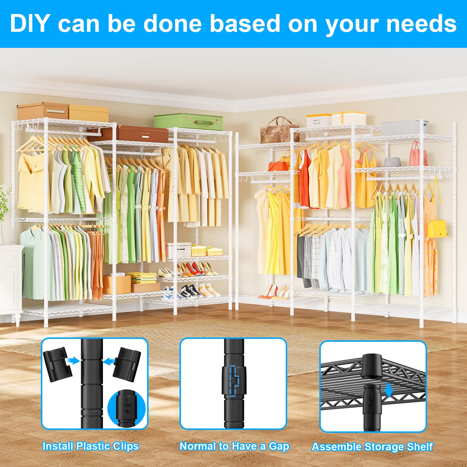 Ulif E13 Heavy Duty Clothes Rack(With 4 Hanger Rods & 8 Shelves) Freestanding Clothing Racks for Hanging Clothes,Adjustable Closet Organizer,Metal Garment Rack 63" W x16 D x77 H,Max Load 900LBS,White