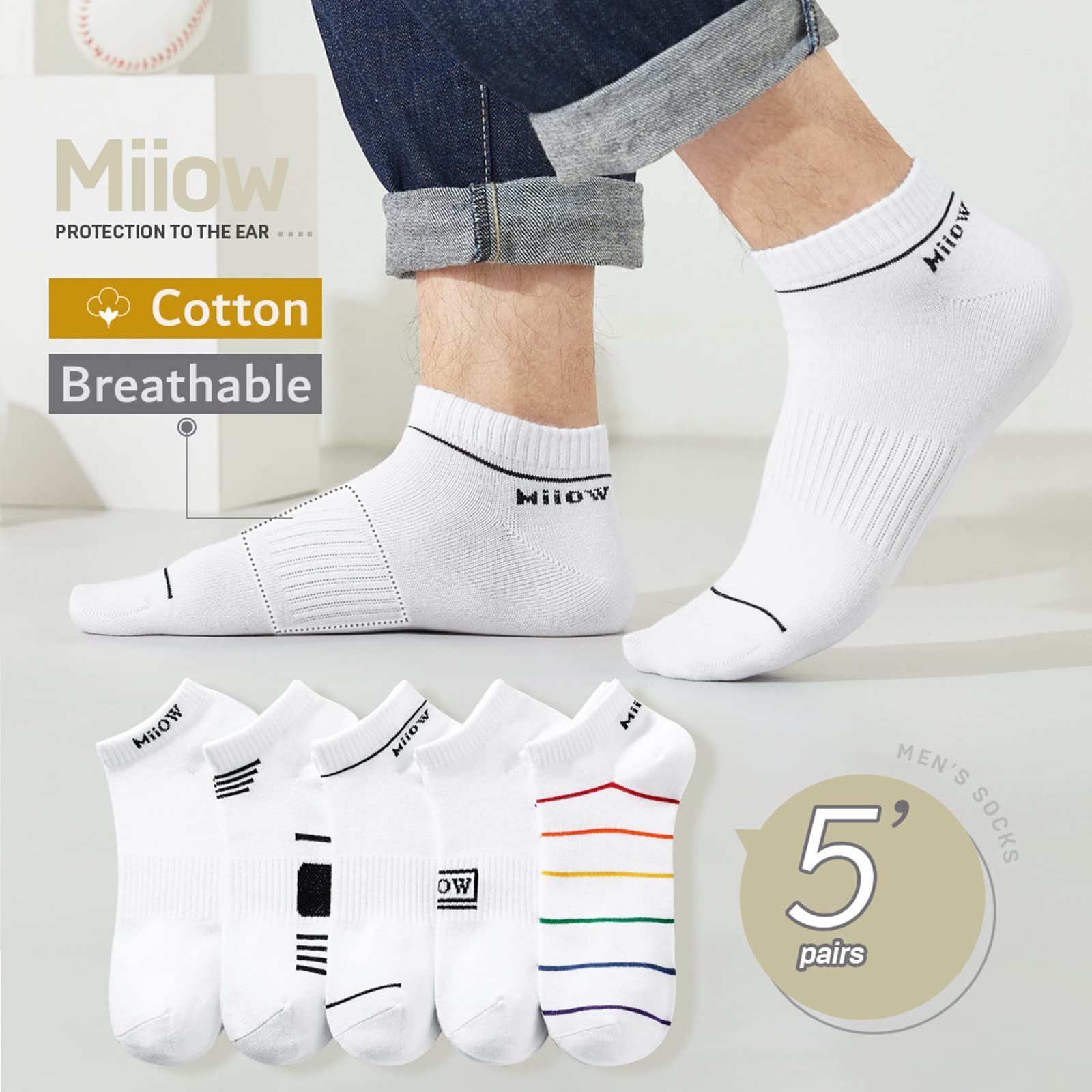 NUHEEL Ankle Socks Men Breathable Sports Low Cut Socks for Casual Running Walking Hiking Athletic, White (5 Pairs)