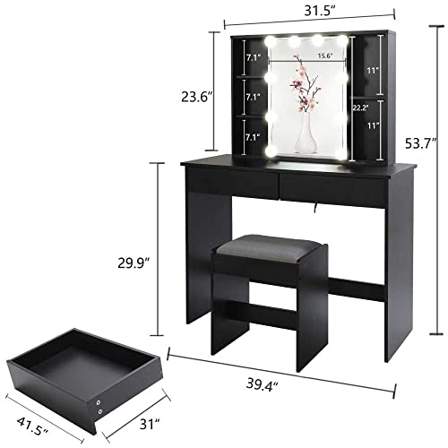 Makeup Vanity Desk with Sliding Lighted Mirror for Christmas Day, Makeup Table Vanity Desk with 2 Large Drawers, 3 Color Lighting Modes, Brightness Adjustable, Vanity Table for Women Girls, Black