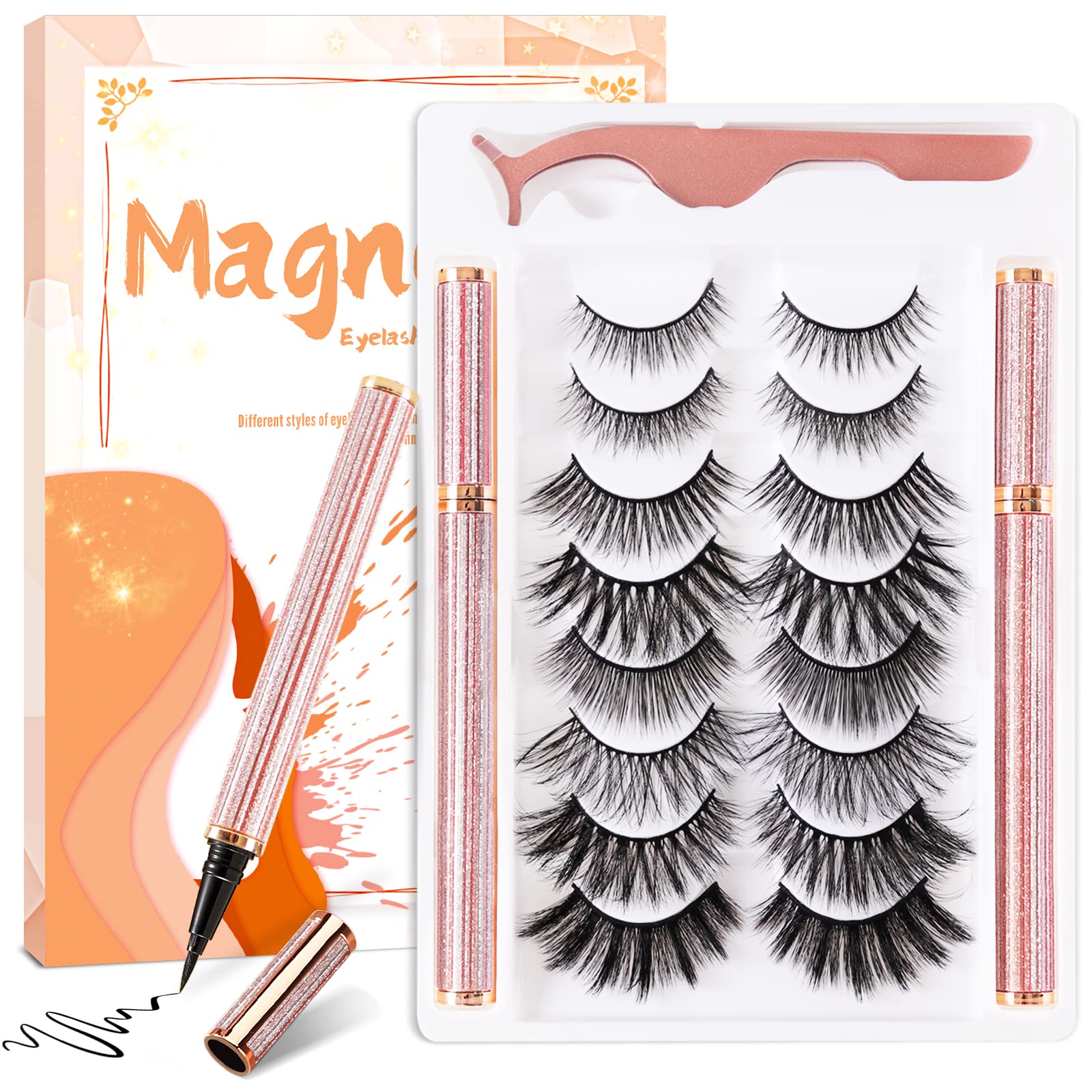 Magnetic Eyelashes and Eyeliner Kit, False Eyelashes Natural Look with Felt Tip Magnetic Eyeliner and Tweezers, Reusable & Sweatproof & Lightweight Eye Lashes Easy to Apply, No Glue Needed (8 Pairs)