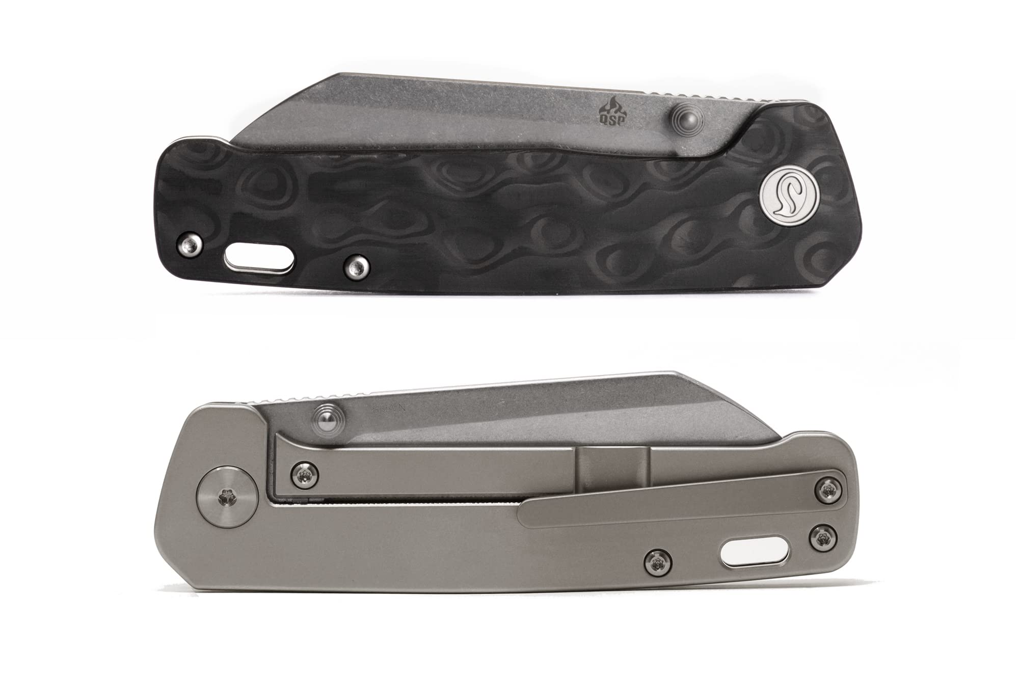 QSP Penguin Titanium Framelock EDC Pocket Knife, Marbled Carbon Fiber Handle, S35VN Steel, Kaviso Exclusive (Stonewashed)