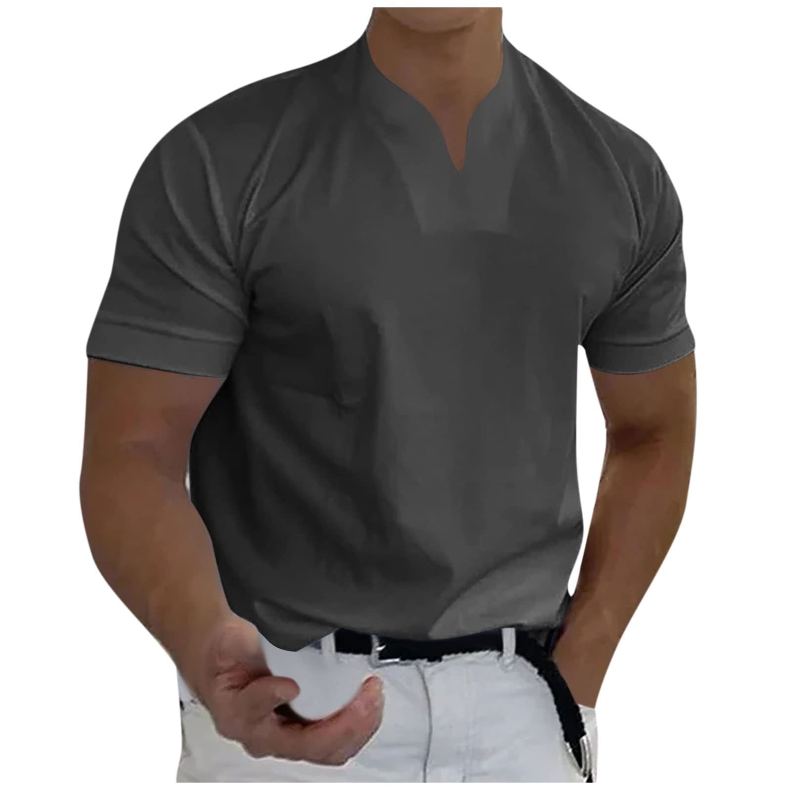 Polo Shirts For Men, Long Sleeve Gifts For Boyfriend Mens Tshirts Beige T Shirts For Men Casual Solid Color V-Neck Gentleman'S Business Short Sleeve Fitness T-Shirt Fall Shirts (Gray, X-Large)