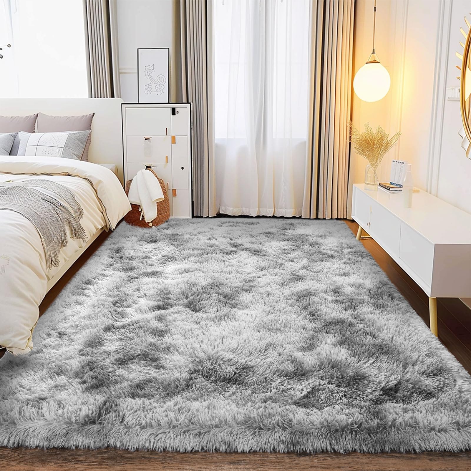 Ultra Soft Fluffy Rugs for Bedroom, Anti-Skid Indoor Carpet Nursery Rugs for Kids Room Home Decor, Rectangular Fuzzy Rug Tie-Dyed Light Grey 9x12 Feet