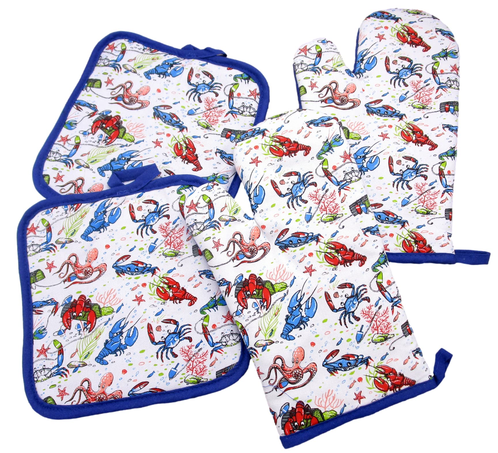 Nautical Kitchen Gift Set: Pot Holders and Oven Mitts (Sealife - Lobsters, Crabs, Octopuses)
