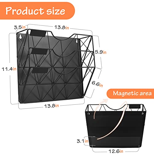 Magnetic File Holder, File Organizer for File Cabinets, Mail Organizer Vertical Magazine Holder for Refrigerator, No-Drill Mount Hanging Magnetic Folder Holder for Office Home(3-Tier, Black)