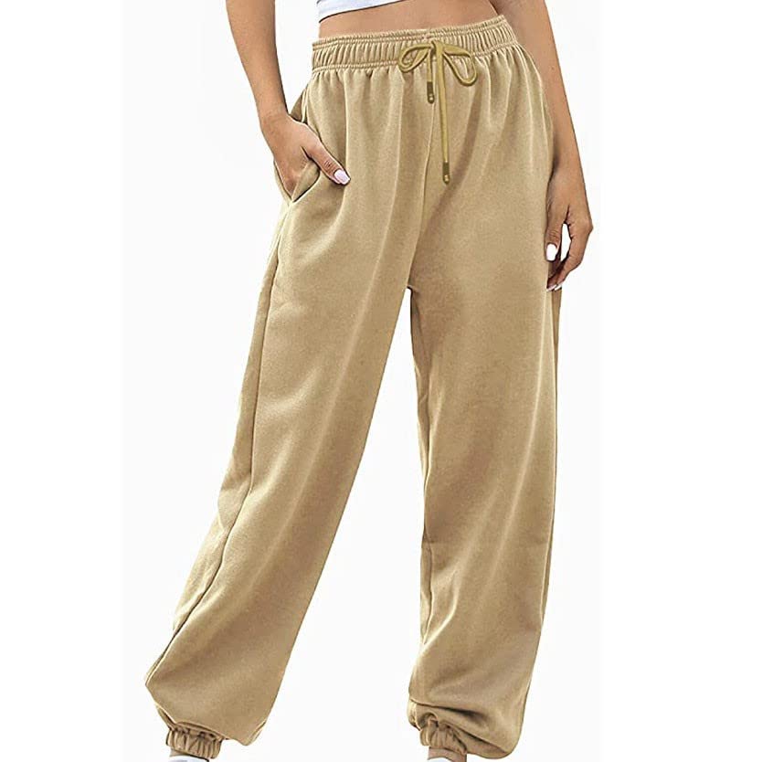 KSODFNXH Sweatpants Women Casual High Waist Plus Size Wide Leg Bound Pants with Pockets Trendy Solid Color Drawstring Pants