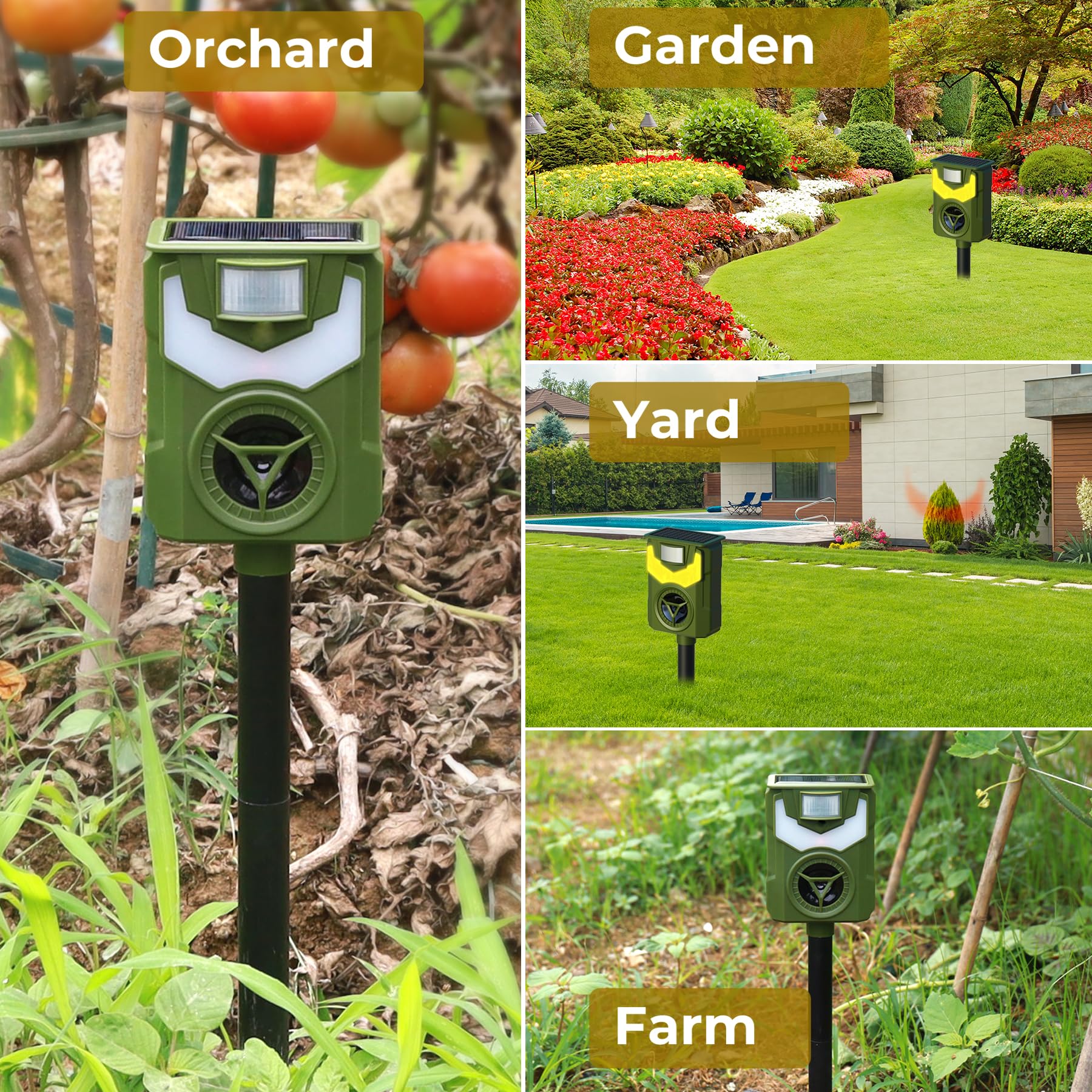 Ultrasonic Animal Repellent Squirrel Repeller Solar Deer Deterrent Repel Dog Cat Fox Rabbit with Motion Sensor Flame Light Waterproof Outdoor