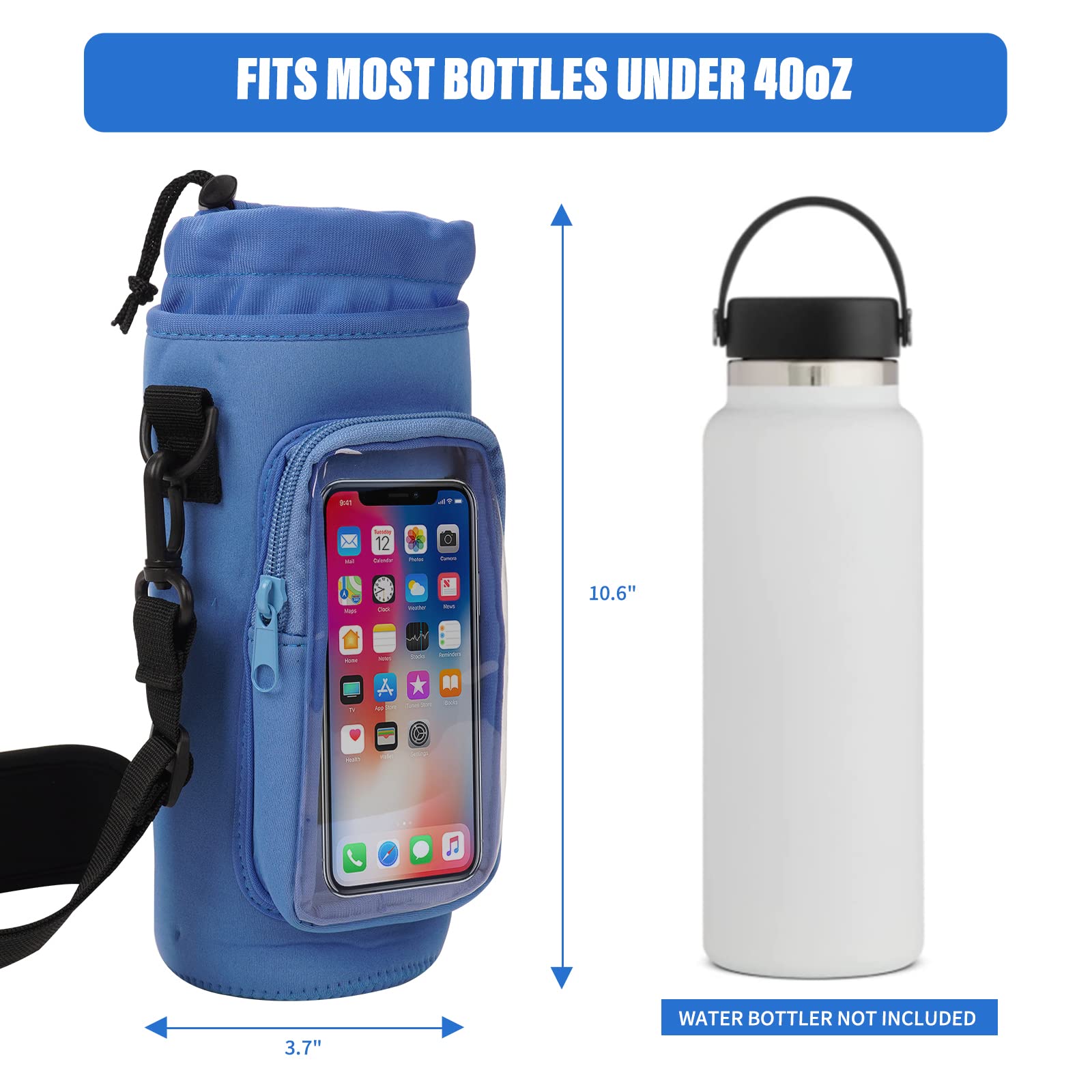 Nunwiza Water Bottle Carrier Bag with Adjustable Shoulder, Touch Sensitive Supported Water Bottle Sling Holder for Walking Outdoor Hiking Travelling Camping Under 40oz(Black)
