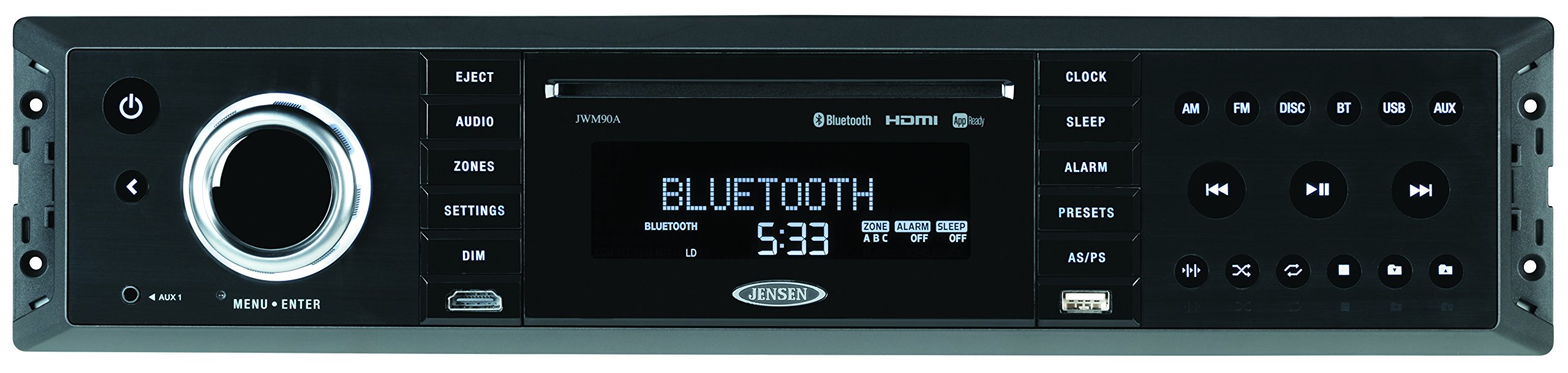 Jensen JWM90A Slimline 3-Zone Source Theater-Style Bluetooth Wallmount Stereo with App Control, DVD/CD-R/RW & MP3 Compatible, Dual HDMI Video Output, HDMI ARC, USB Play MP3/WMA Files, Rear RCA In/Out