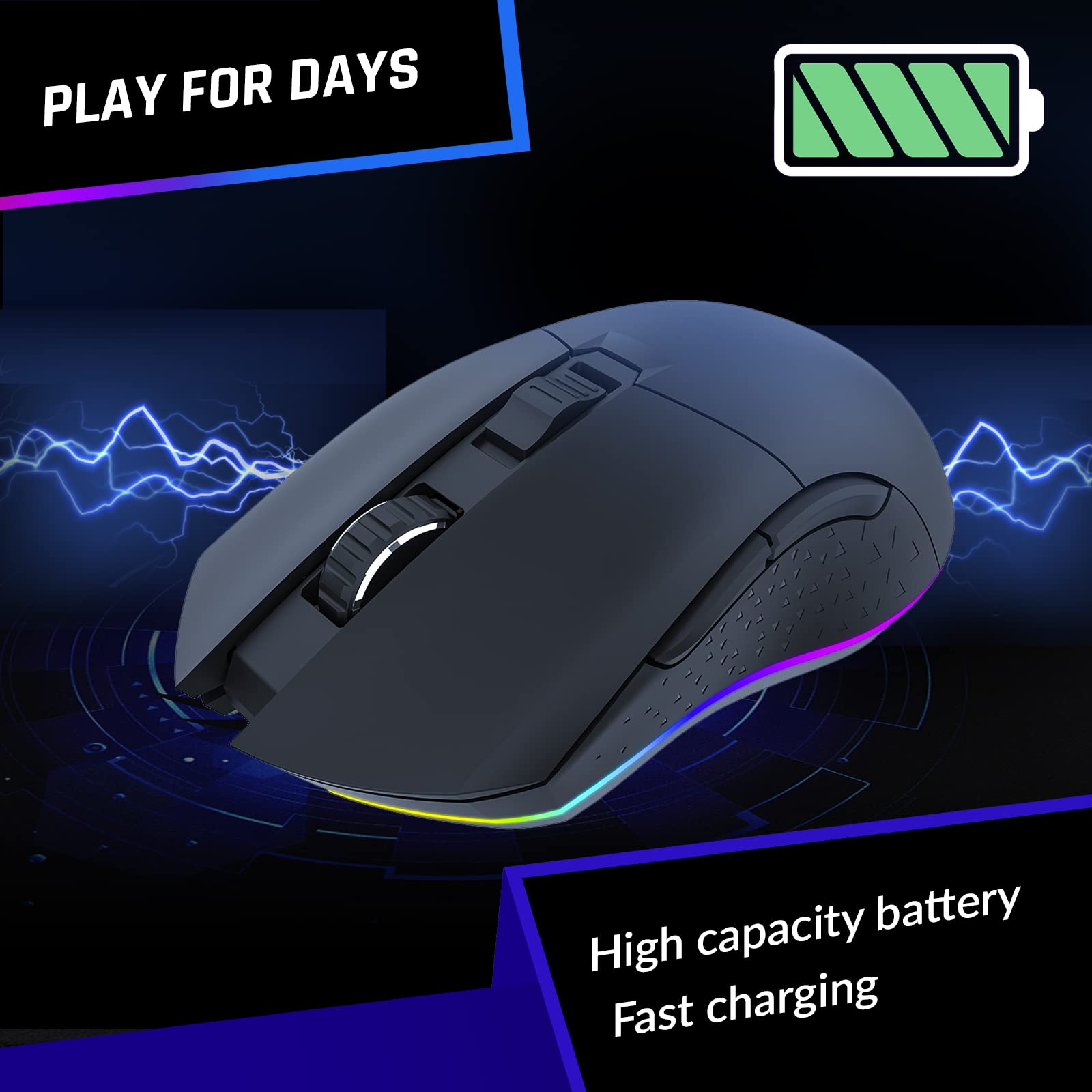 KLIM Blaze Rechargeable Wireless Gaming Mouse RGB New 2024 - High-Precision Sensor and Long-Lasting Battery - 7 Customizable Buttons - Up to 10000 DPI - Wired & Wireless Mouse for PC Mac & PS4 PS5